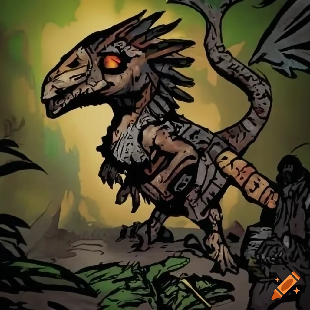 Feathered raptor with gold jewelry in a detailed jungle setting ...