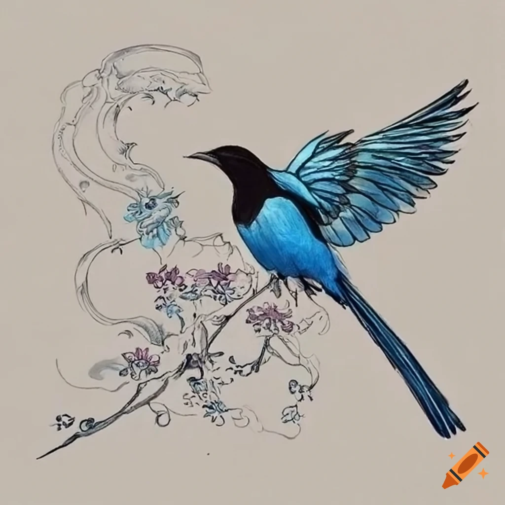 A traditional Chinese watercolor of azure-winged magpie with spread ...