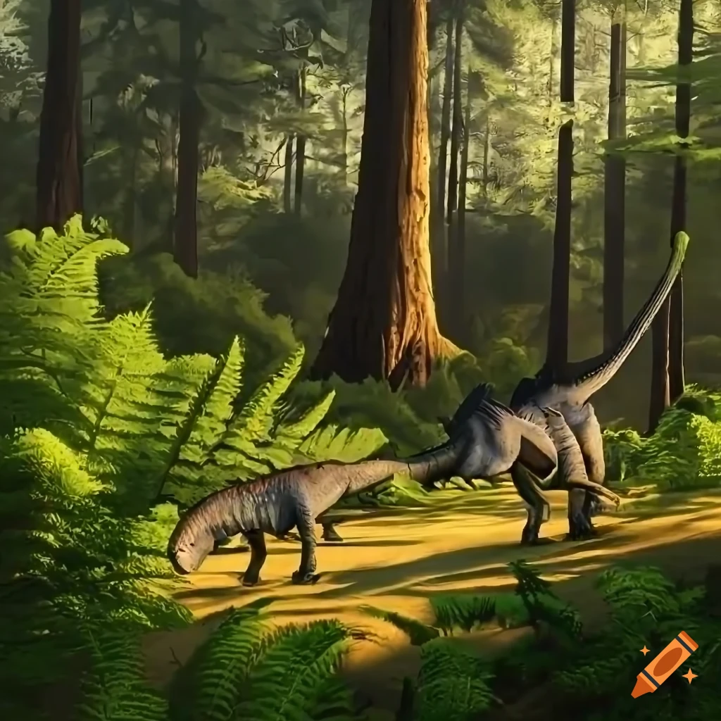 Group of hadrosaurus dinosaurs in cedar forest during warm morning light on Craiyon