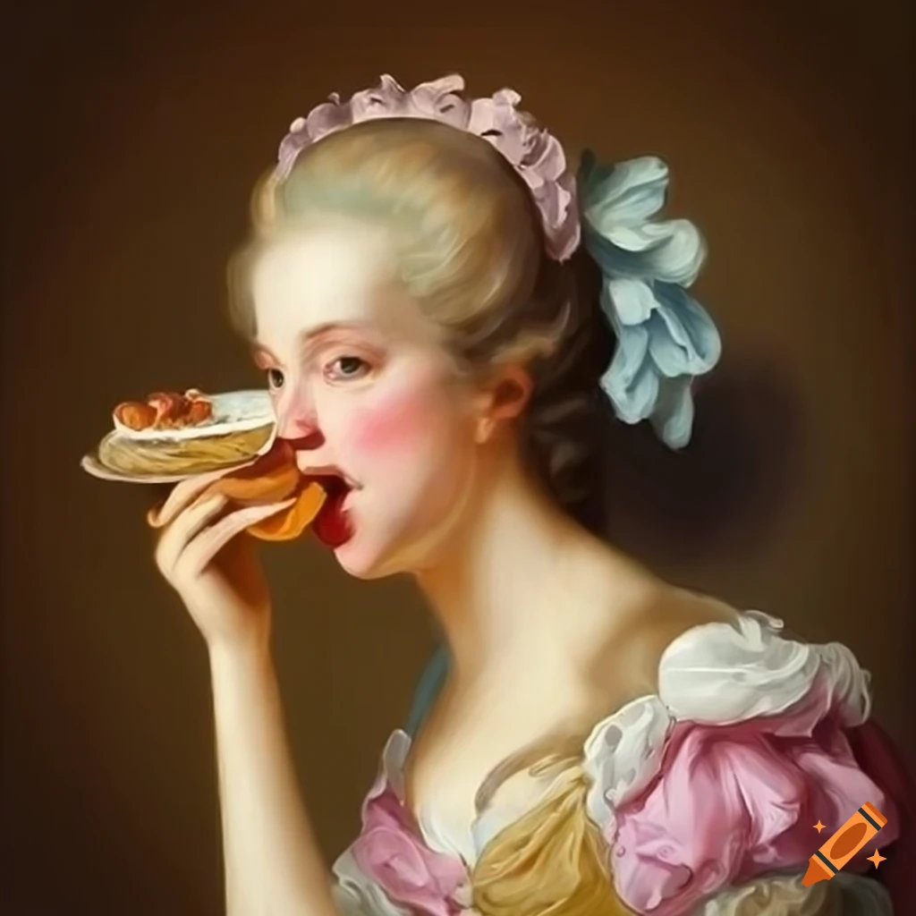 Lady enjoying an aesthetically pleasing cake in a rococo style setting ...