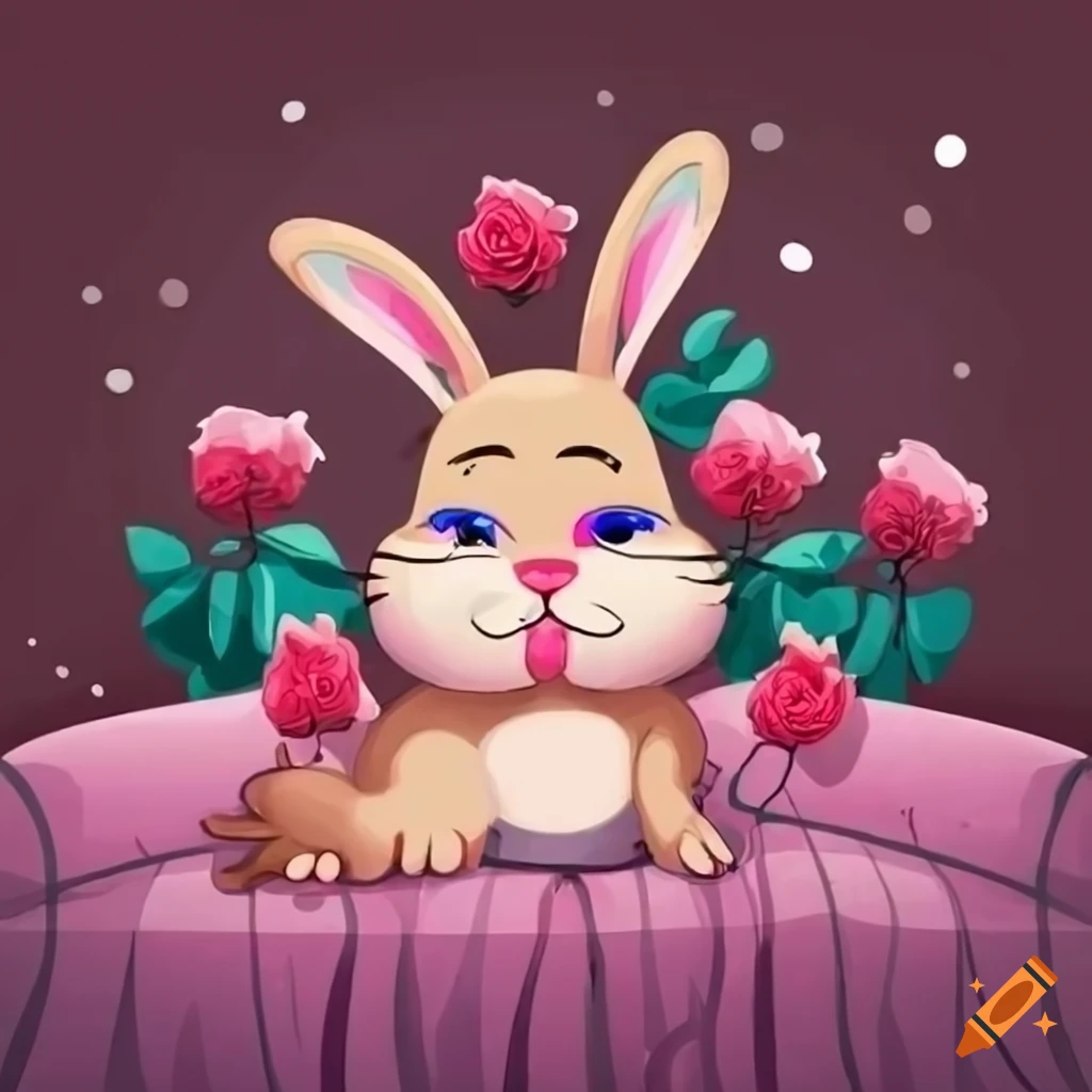 Cartoon rabbit resting in bed at home with roses on the table on Craiyon