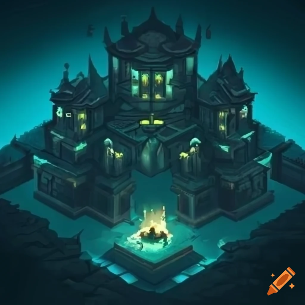 Dark isometric temple in cyan pixel art style on Craiyon