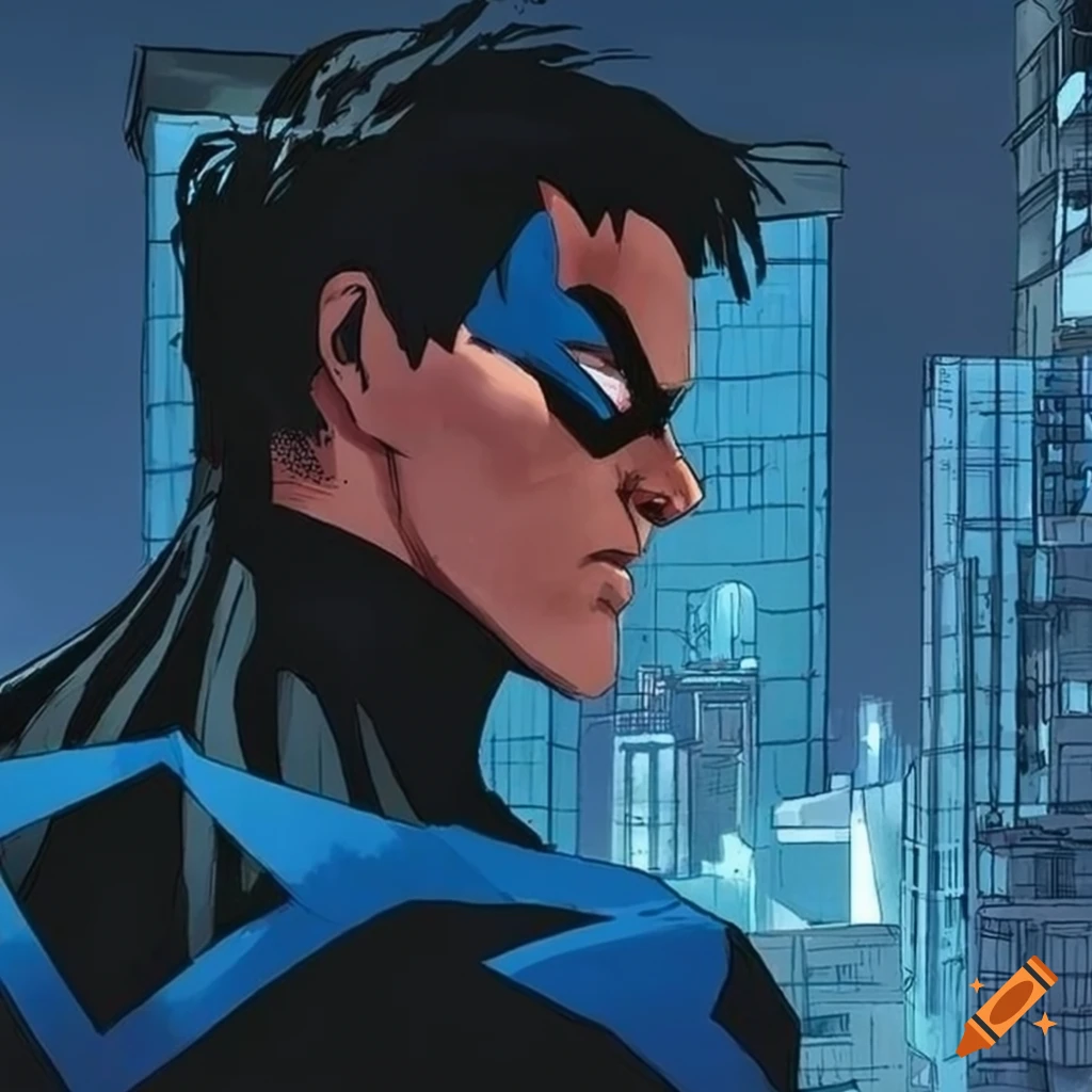 Nightwing gazing introspectively from a rooftop in vibrant comic-book ...