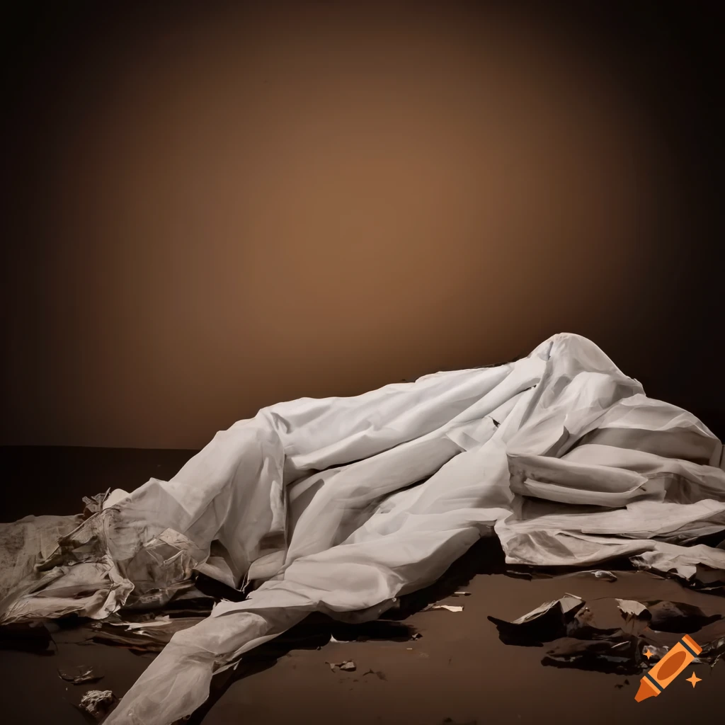 Pile of junk garbage covered with white drapery in a dramatic landscape ...