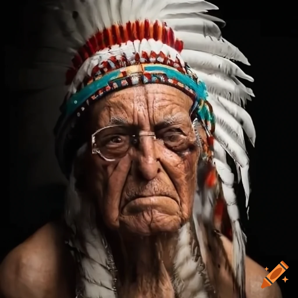 Elderly man in a traditional native american headdress on Craiyon