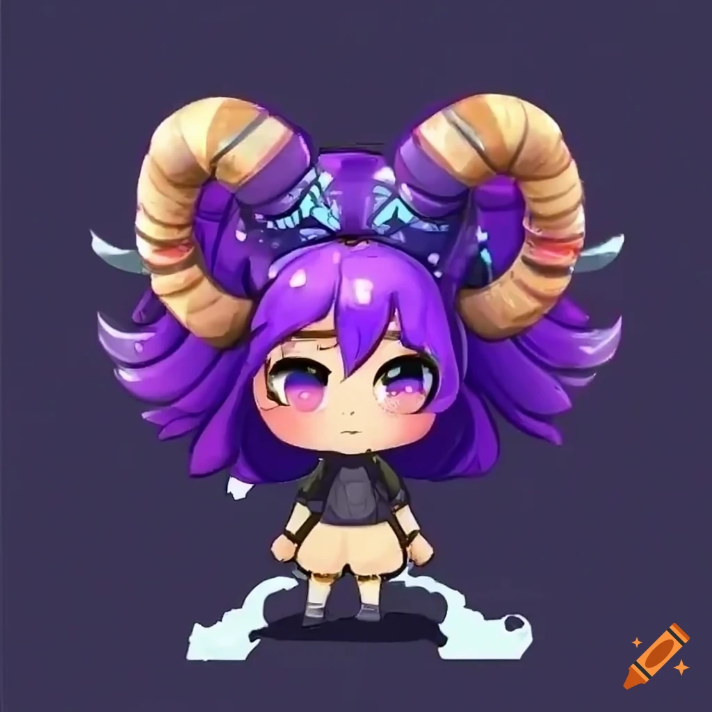 Chibi character with purple skin and ram horns in a cute pose, jelly ...