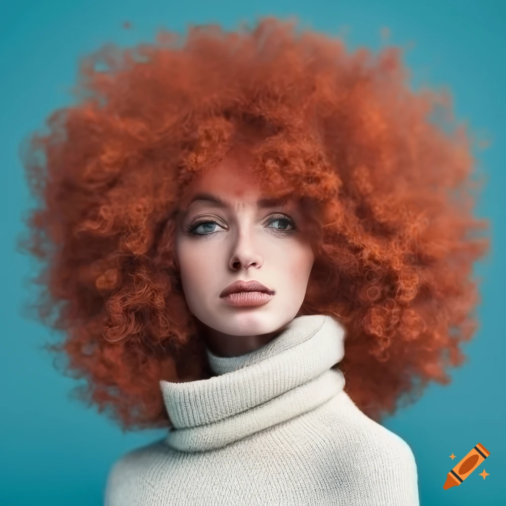 Portrait Of A Beautiful Redhead Woman With A Massive Afro In A White