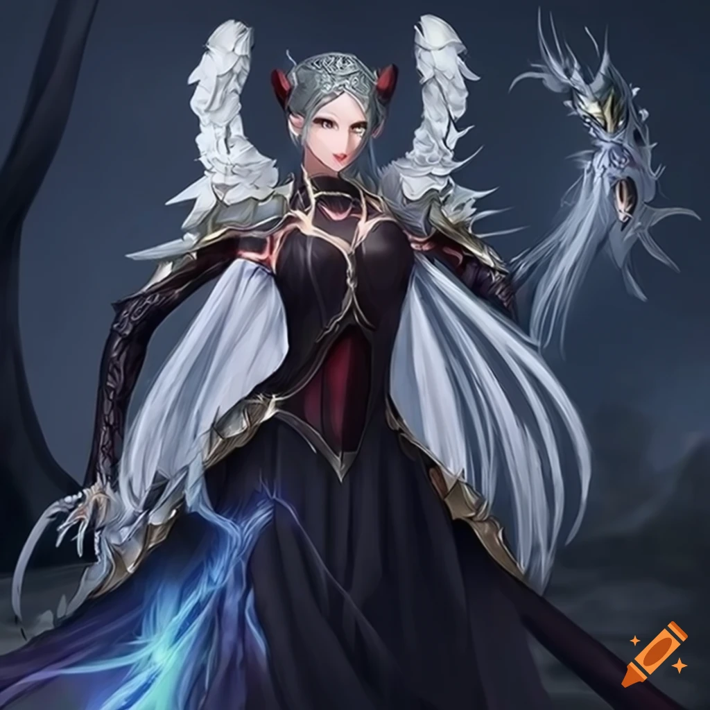 Anime fantasy illustration of a dragon demon elf queen in armor with ...