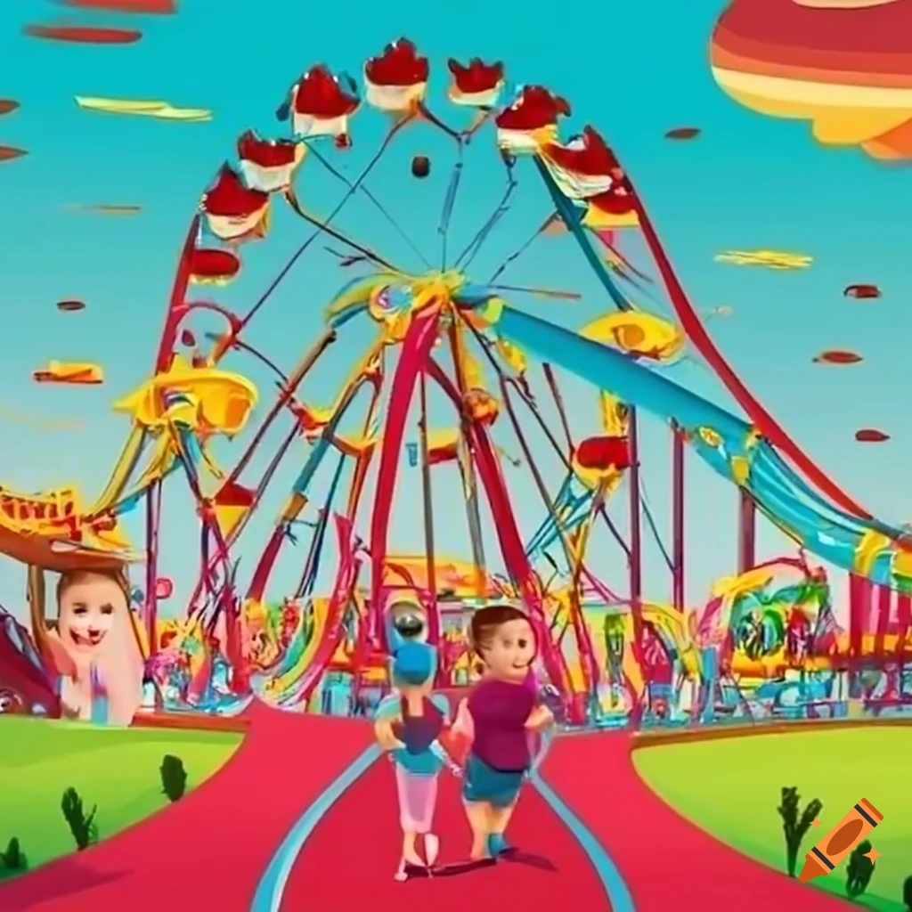 Busy theme park with rides and children playing on Craiyon