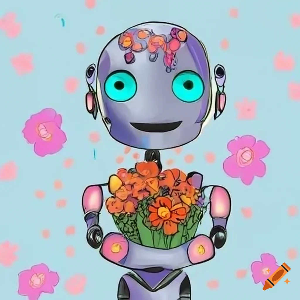 Smiling robot with flowers bouquet on Craiyon