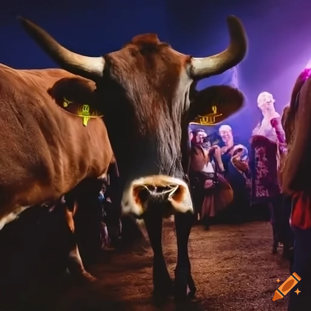 Cow in front of a crowd of cows at a concert on Craiyon