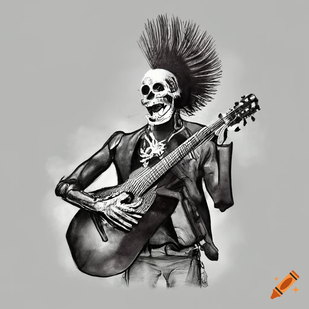 Skeleton with mohawk and leather jacket playing guitar on Craiyon