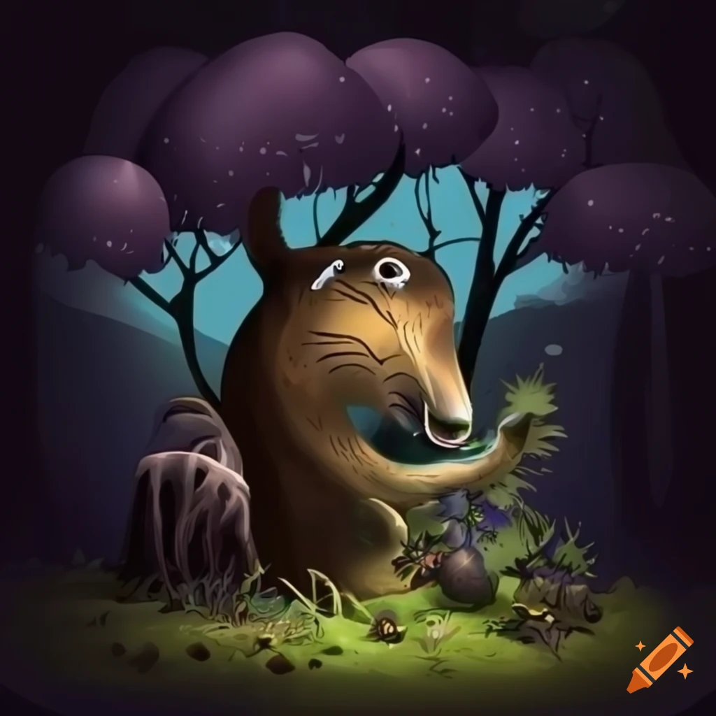 Cartoonish and surreal animal in a dark and strange forest with a pond ...