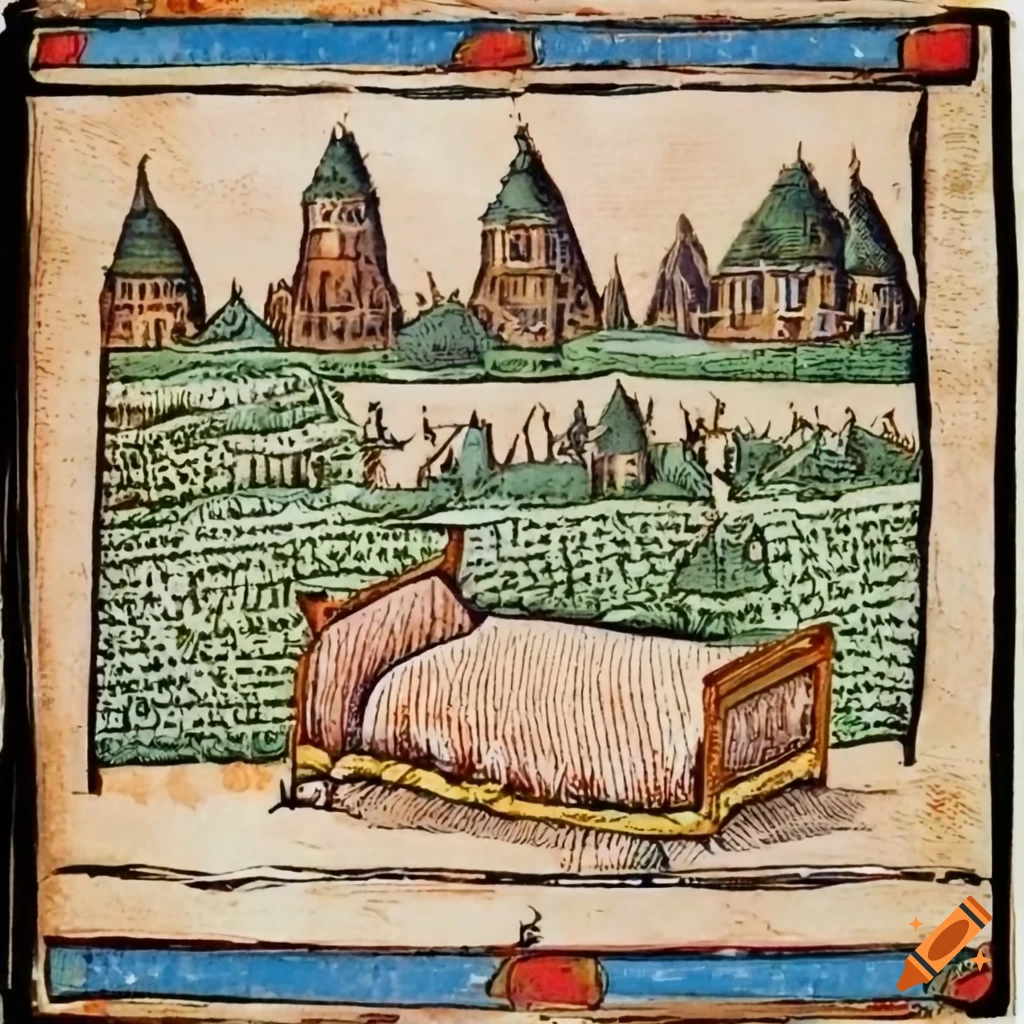 Intricate medieval woodcut illustration of a bed in a fantastic ...