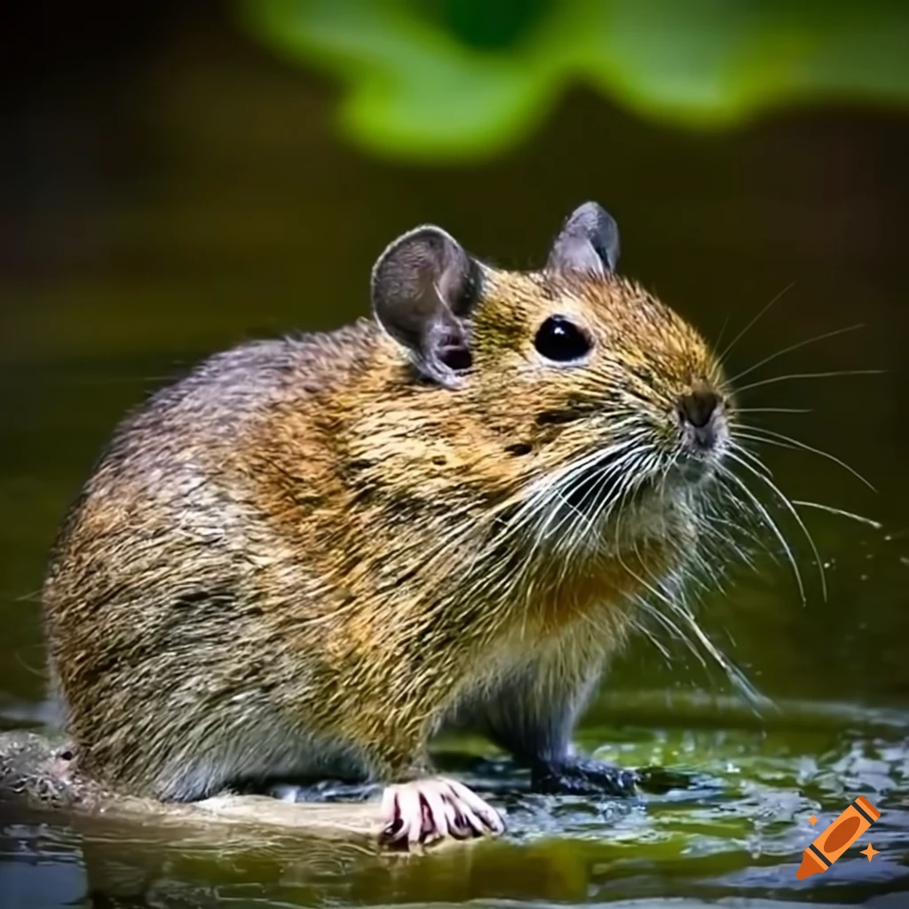 Degus playing in crystal-clear pond with wet fur on Craiyon