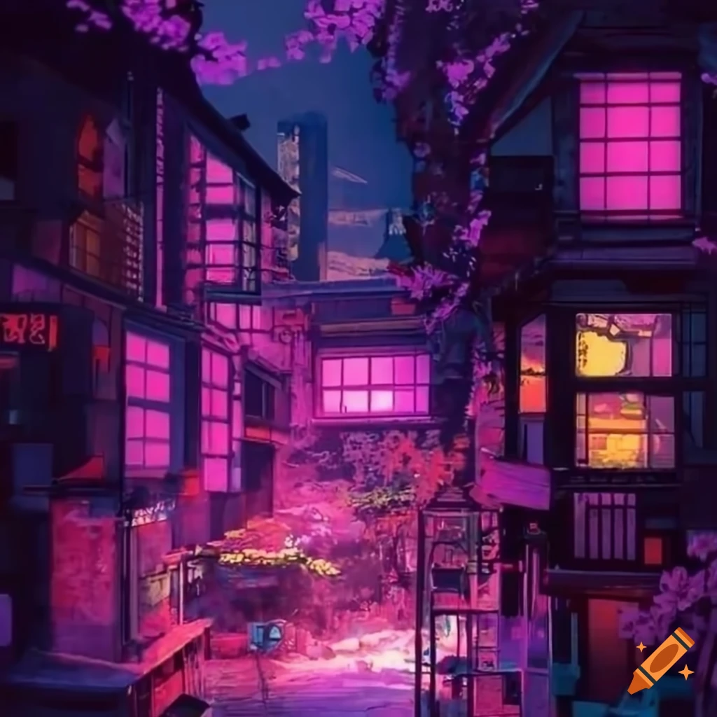 Cyberpunk japanese house with cherry blossom trees on Craiyon