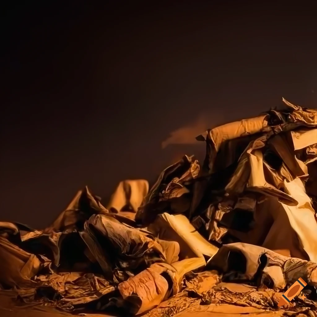 Pile of junk garbage covered with a drapery in a dramatic landscape on ...