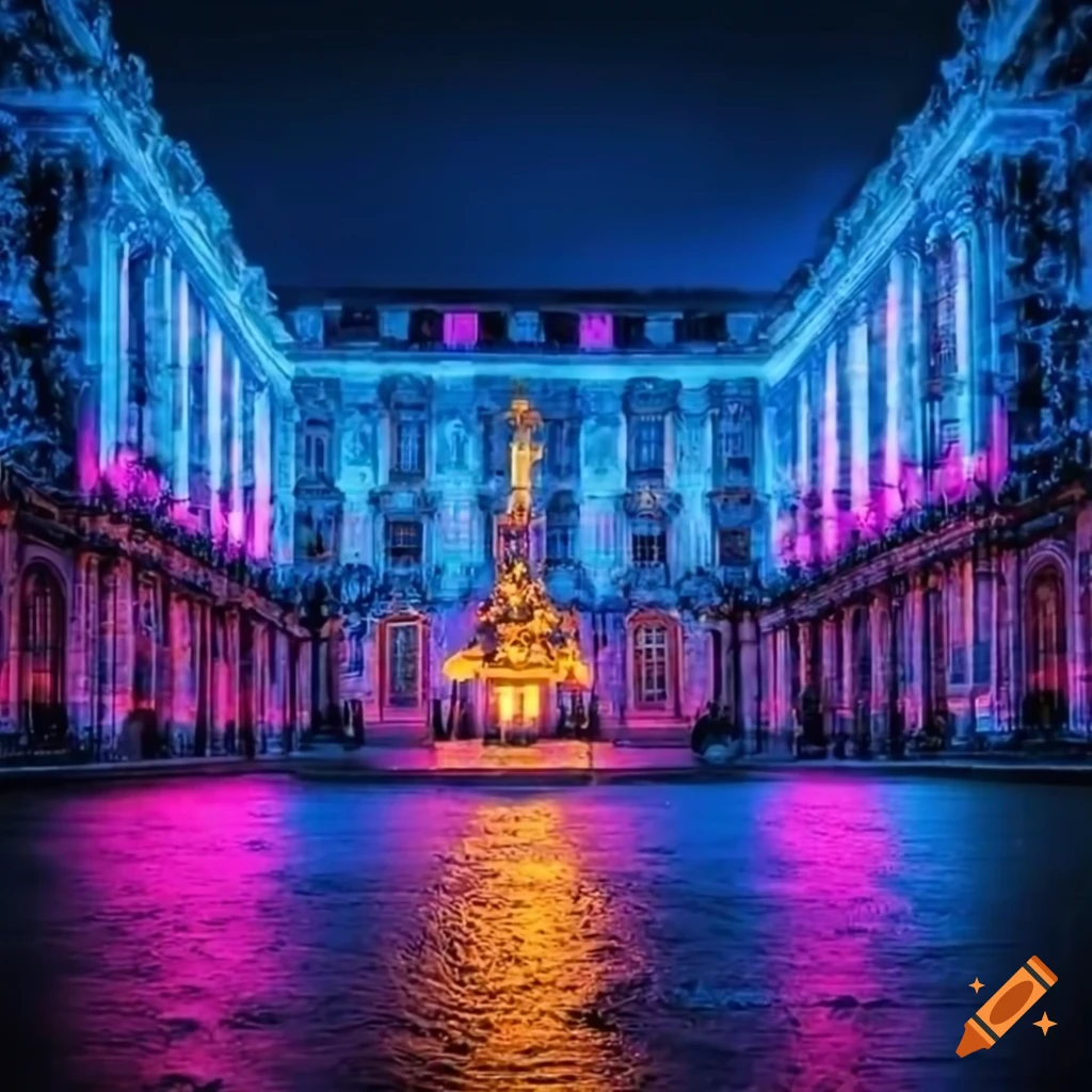 Palace of versailles with neon lights in a cyberpunk style on Craiyon