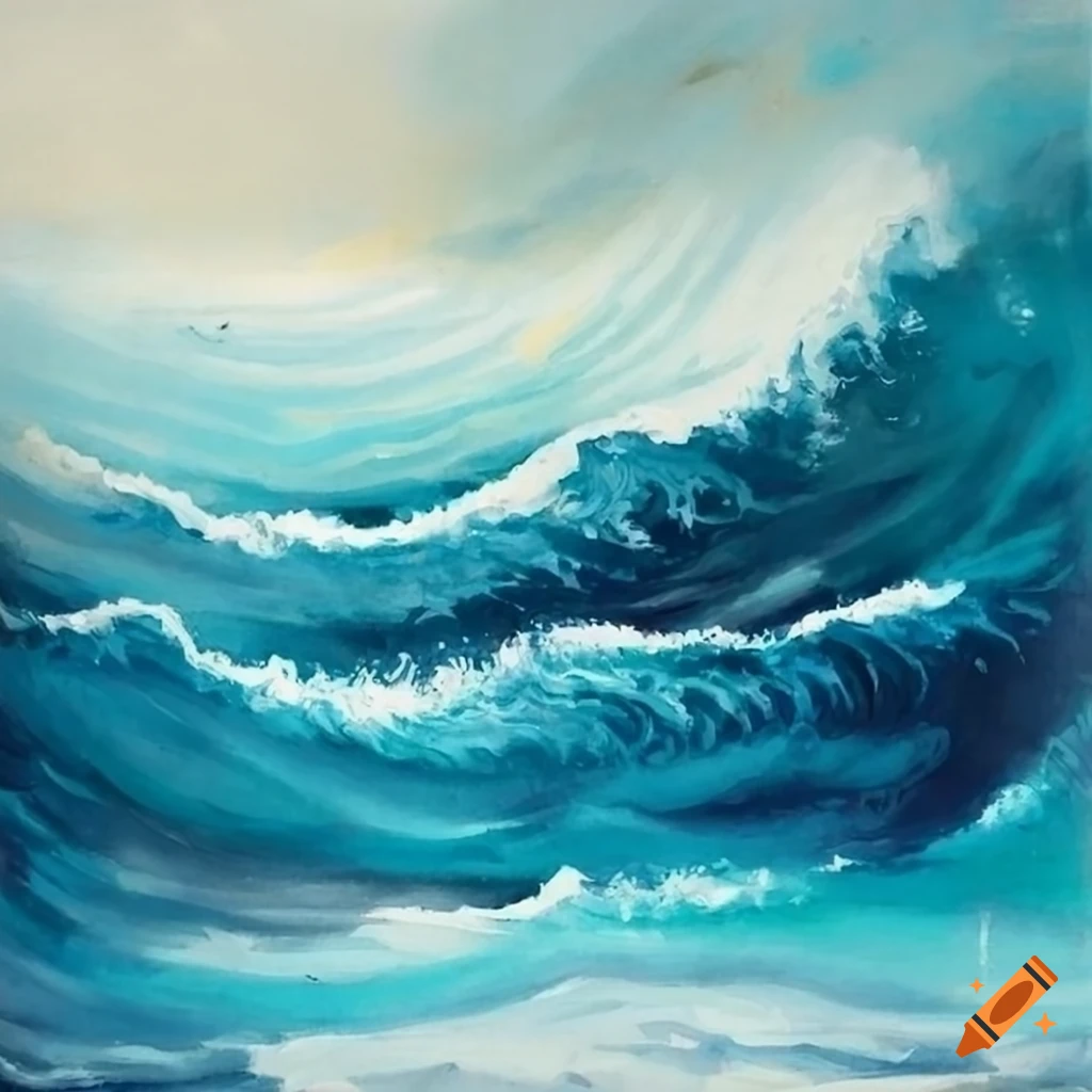 Japanese style painting of sea with crashing waves and whale tail in ...