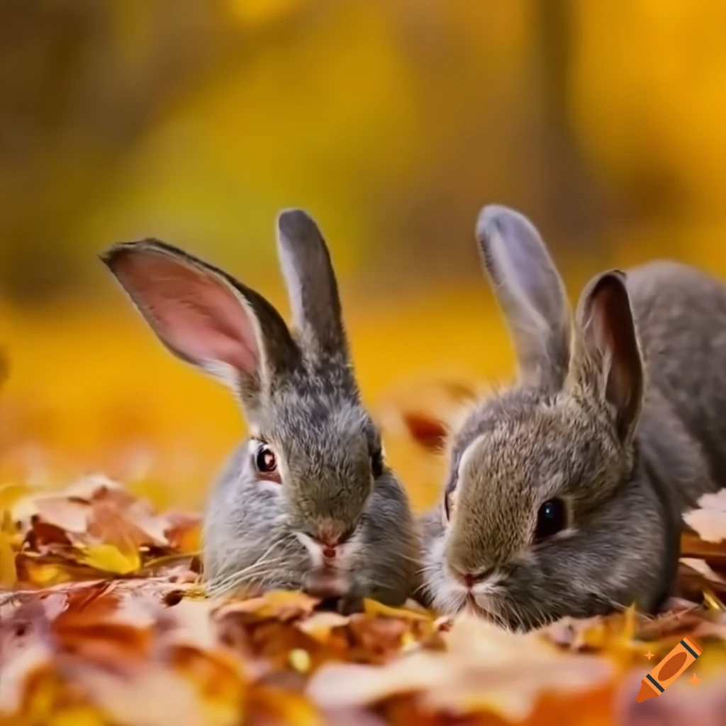 Gentle rabbits playing among autumn foliage on Craiyon