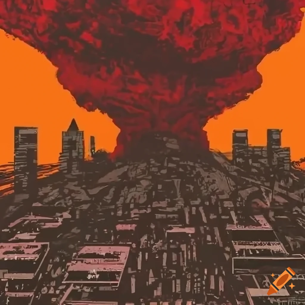 Apocalyptic scene with red and orange nuclear blast in a post ...