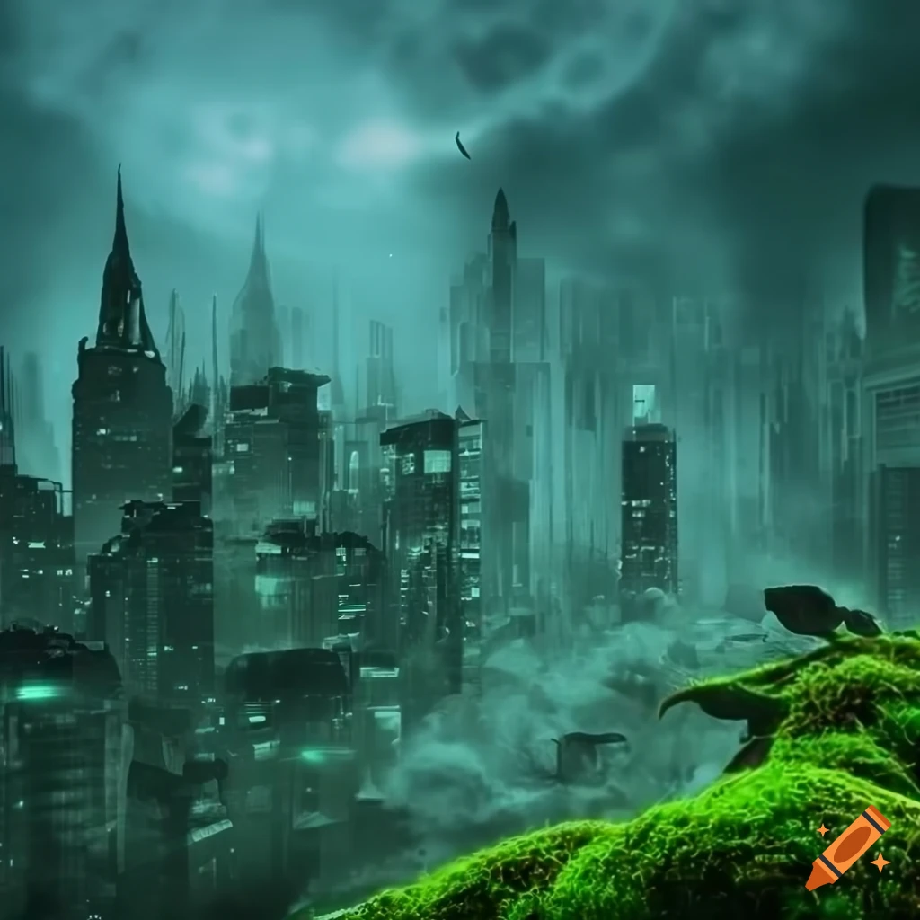 Glowing biopunk cityscape with mythical creatures and biological energy ...