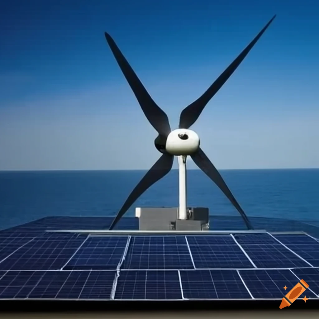 Wind turbine with solar panels connected to a water purifier on Craiyon