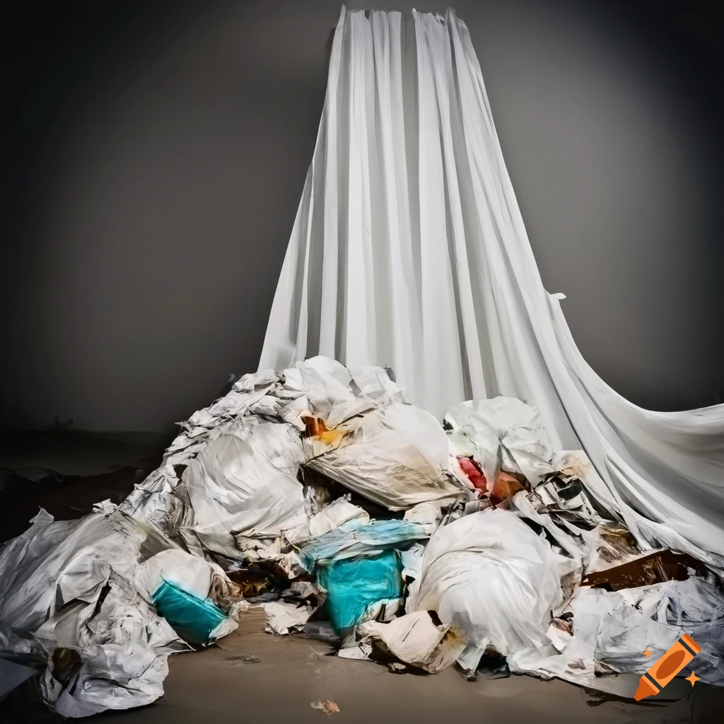 Pile of junk garbage covered with white drapery in a dramatic landscape ...