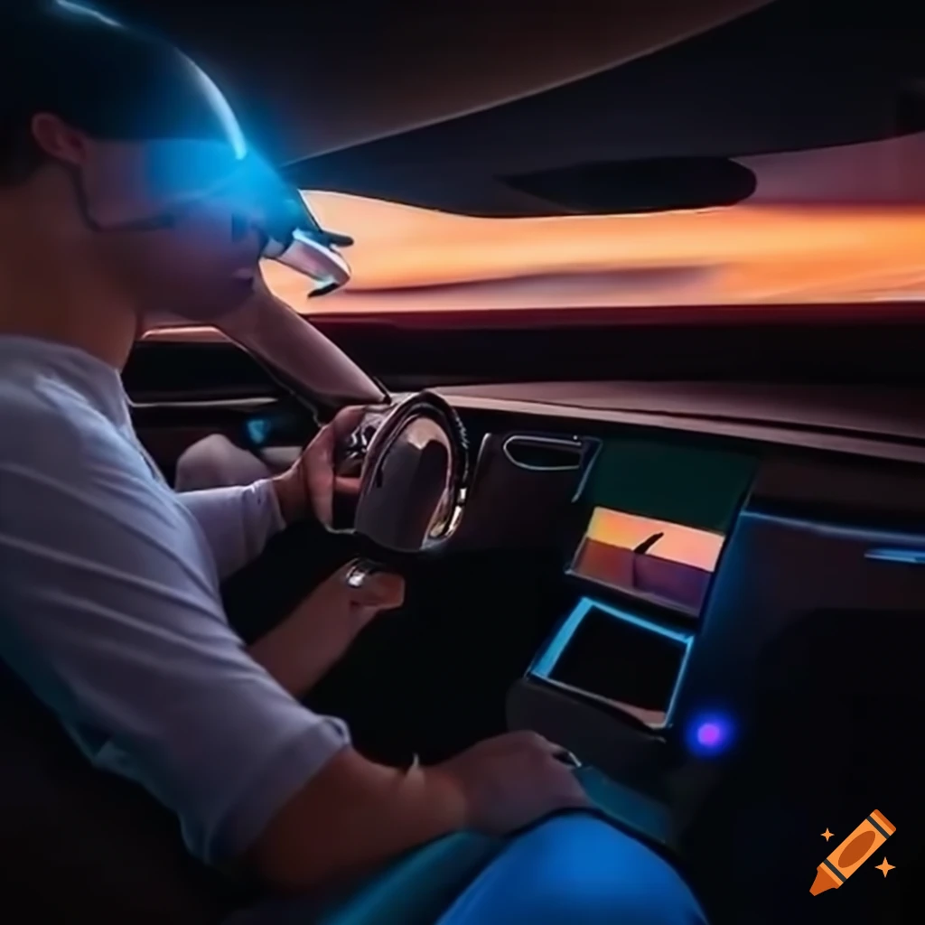 Innovative man in a Tesla car wearing Apple Vision Pro goggles with ...
