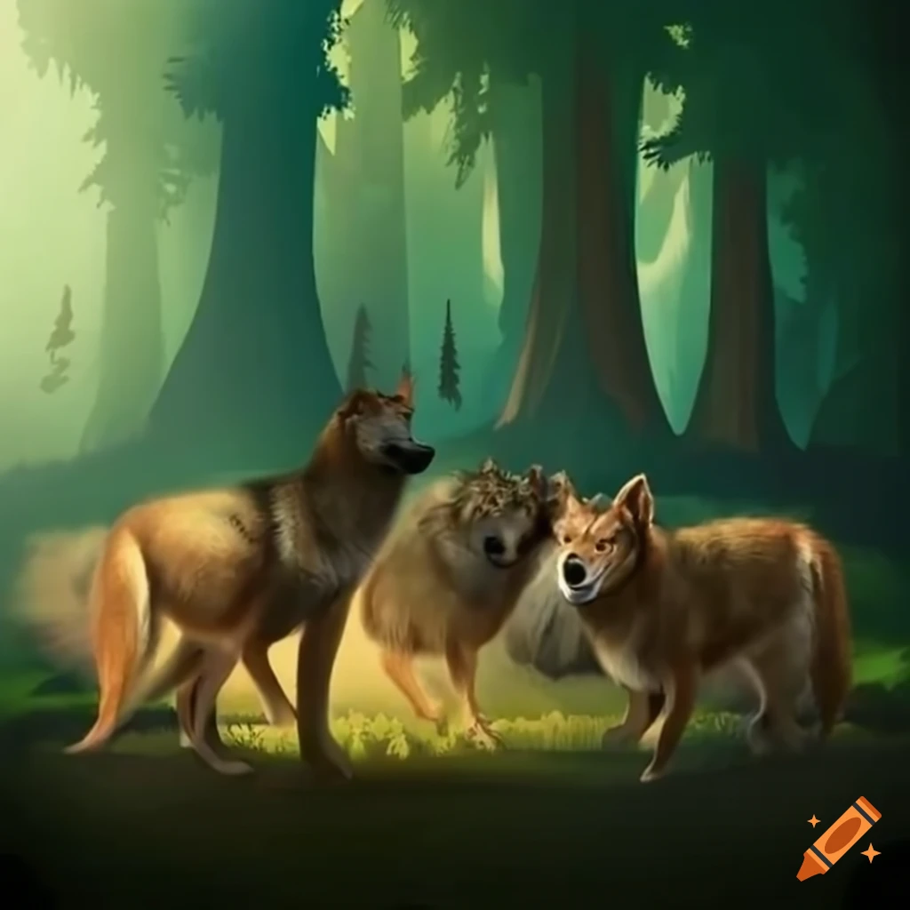 Forest scene with a pack of wolves roaming around on Craiyon