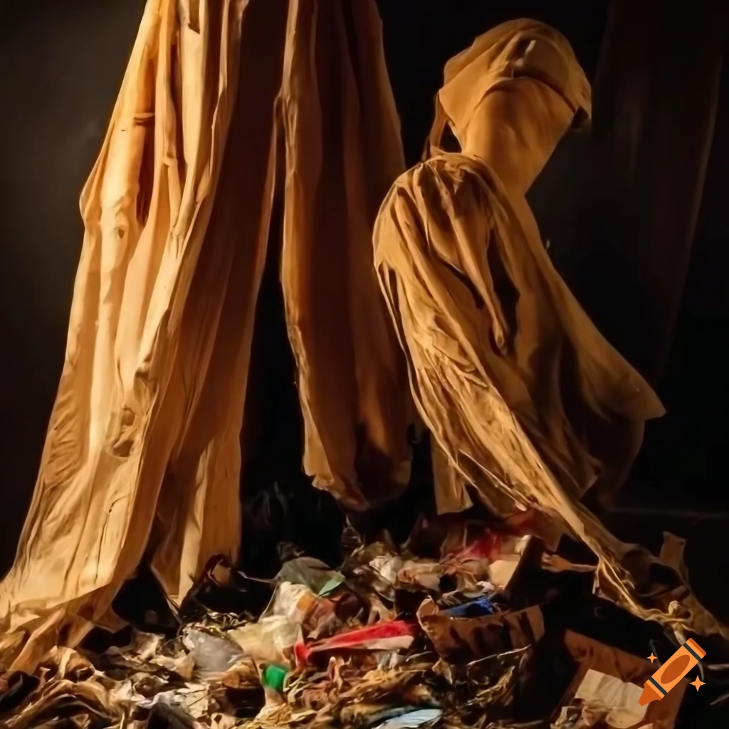 Pile of junk garbage covered with a drapery in a dramatic landscape on ...