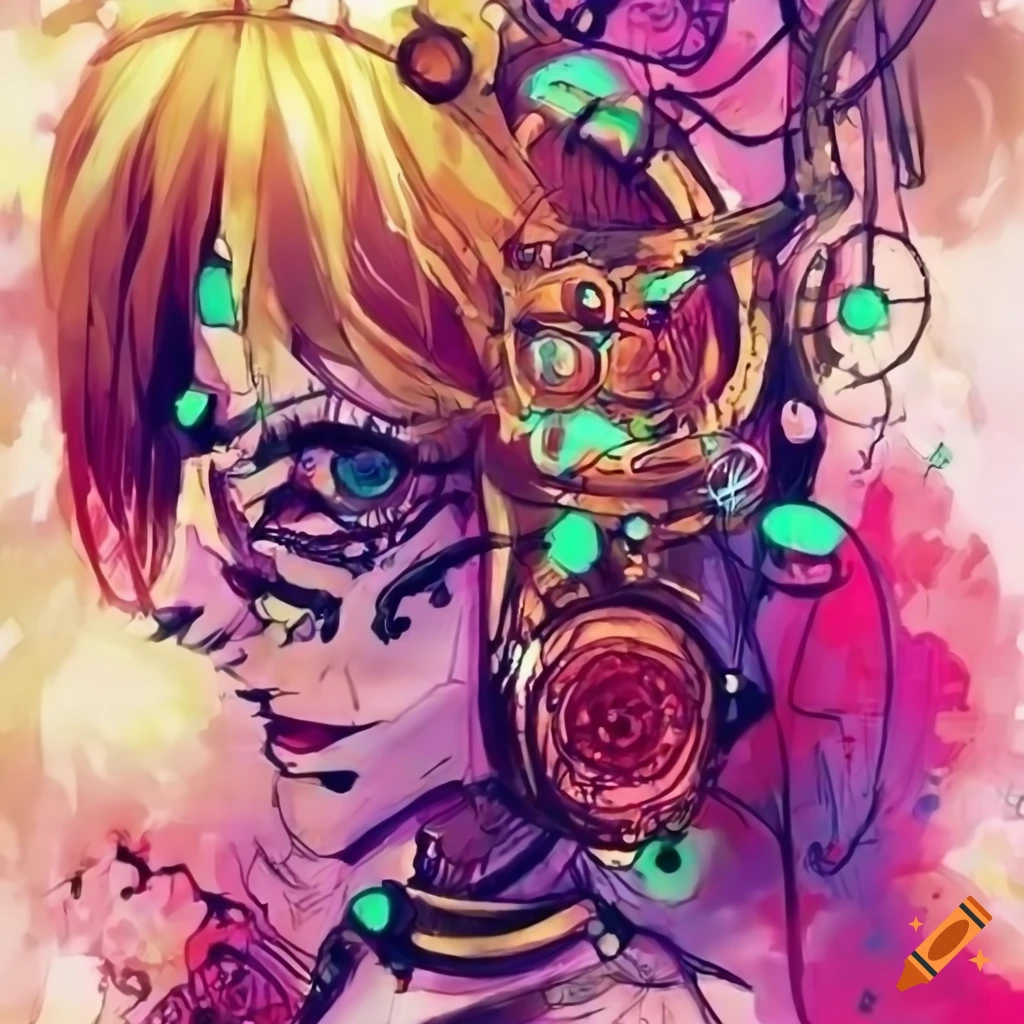 Bright and colorful abstract art with an old-fashioned anime steampunk ...