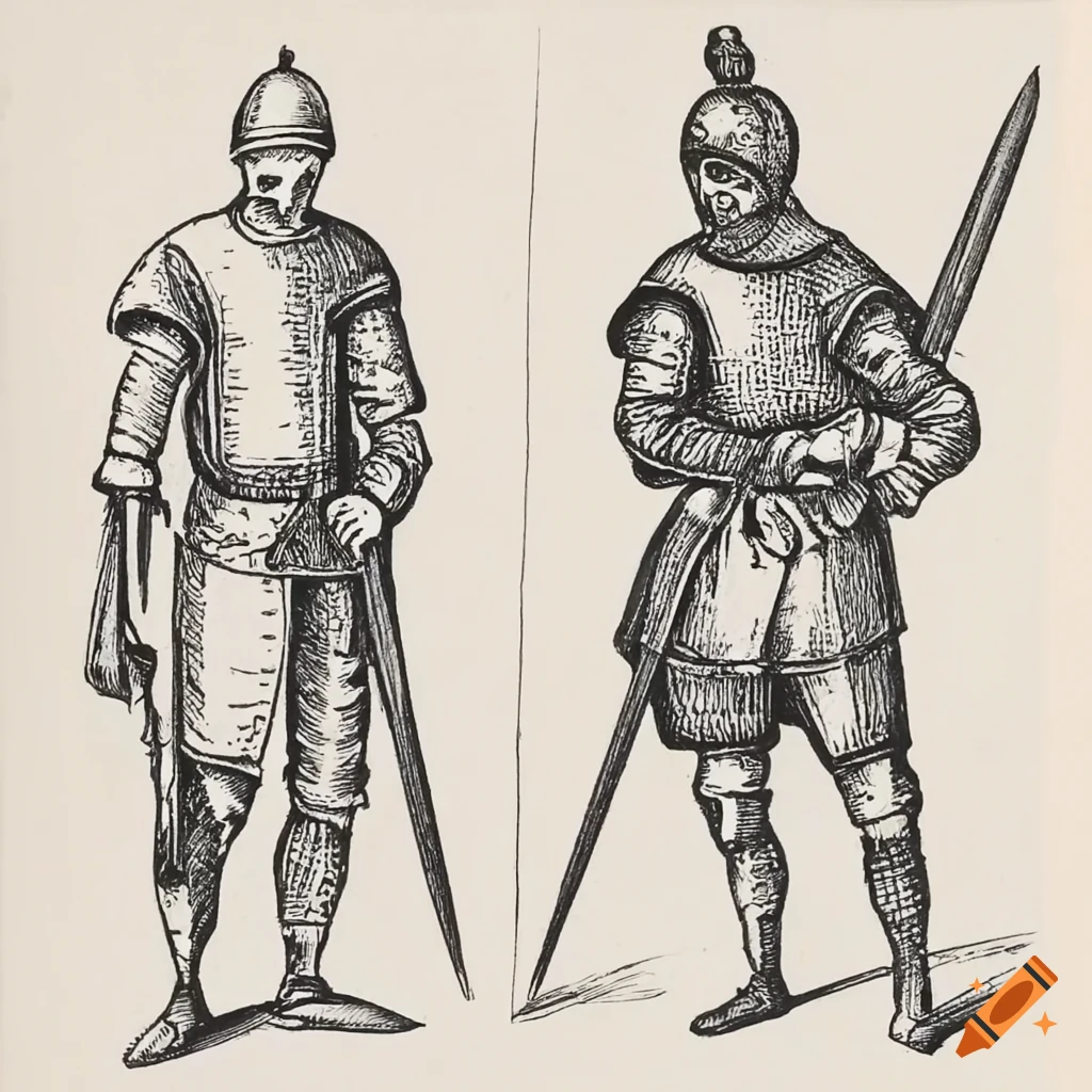 Medieval guard with a one-handed sword in old manuscript style sketch ...
