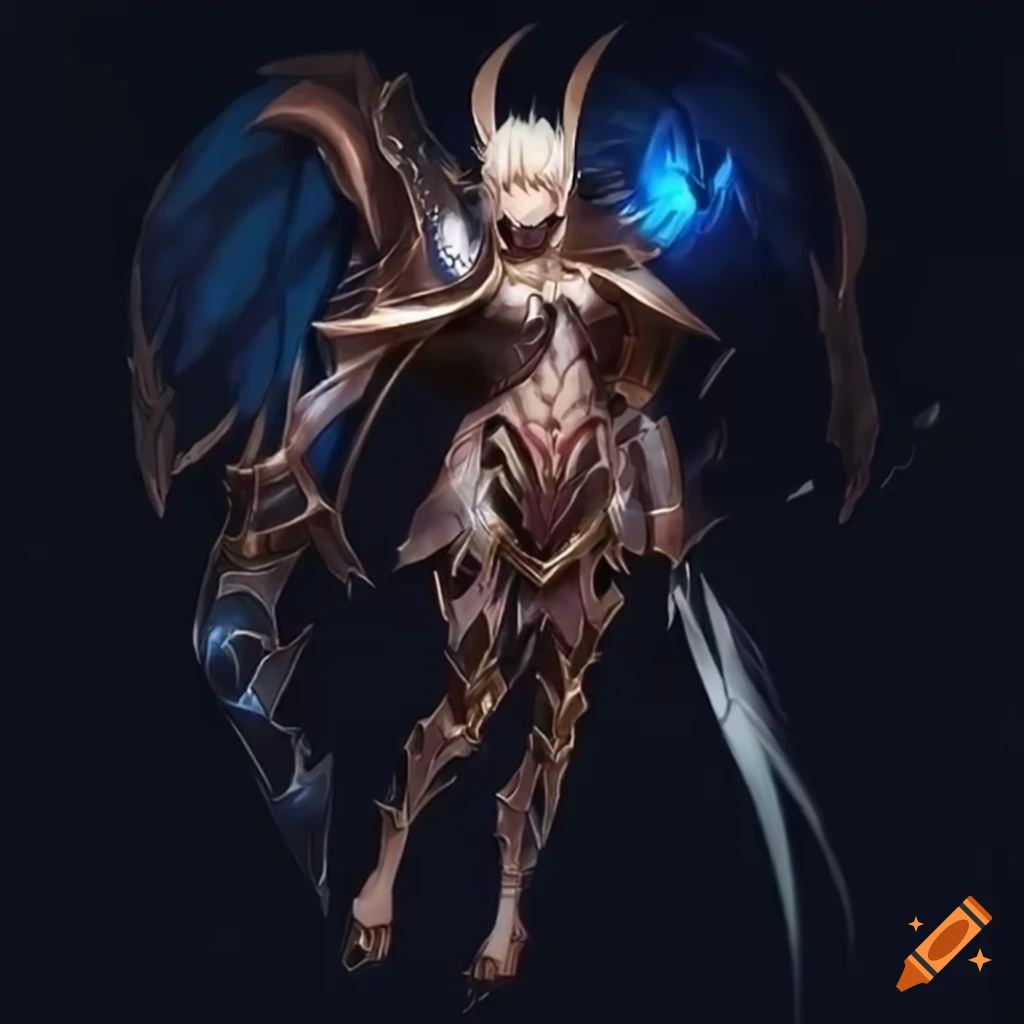 Anime fantasy elf ifrit king with black short hair and bat wing armor ...