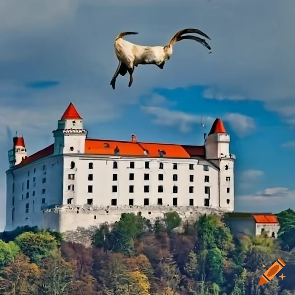 Goat flying over bratislava castle on Craiyon