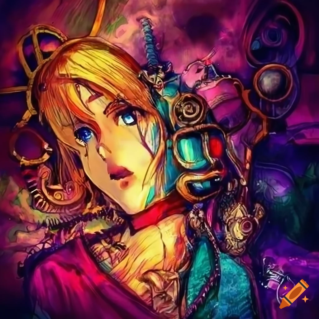 Bright and colorful abstract art with an old-fashioned anime steampunk ...