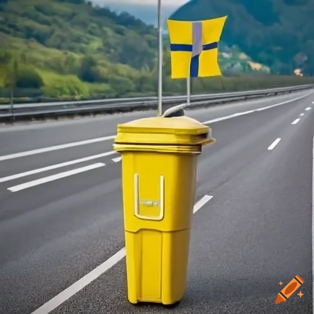 Yellow rubbish bin with danish flag on wheels in italy on Craiyon