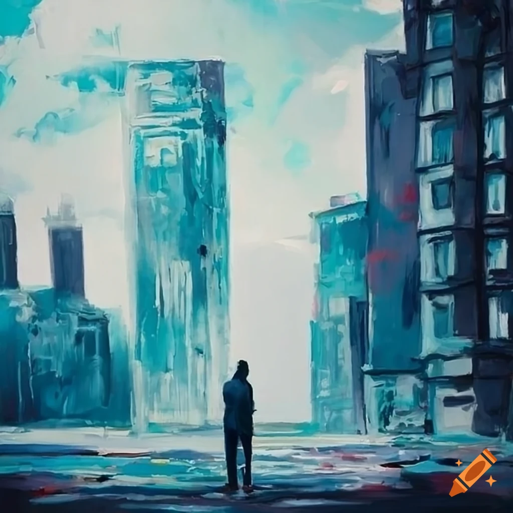 Man standing in front of a tall building painted with acrylic on Craiyon