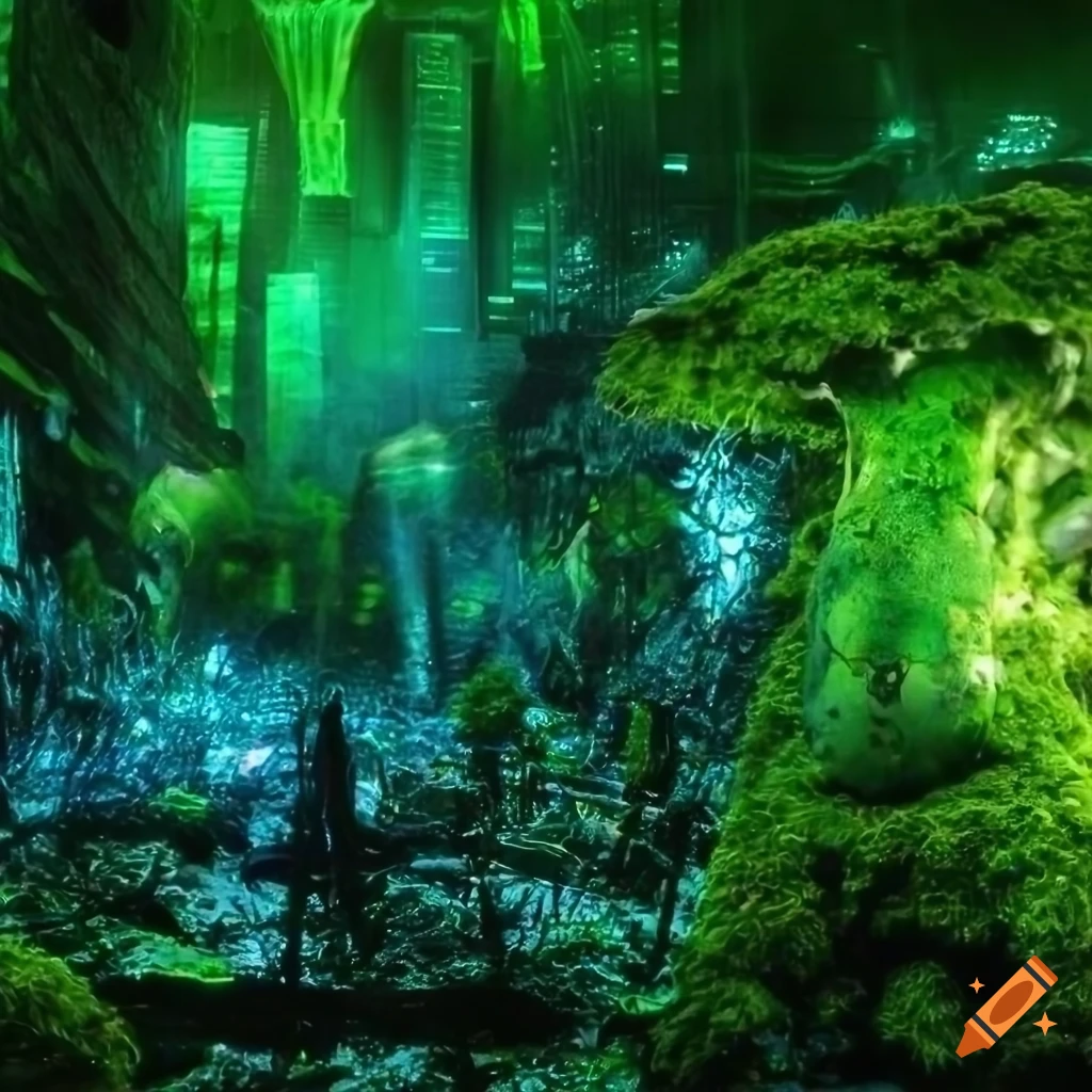 Glowing biopunk cityscape with cyborg mutant omega mart lemon fruit ...