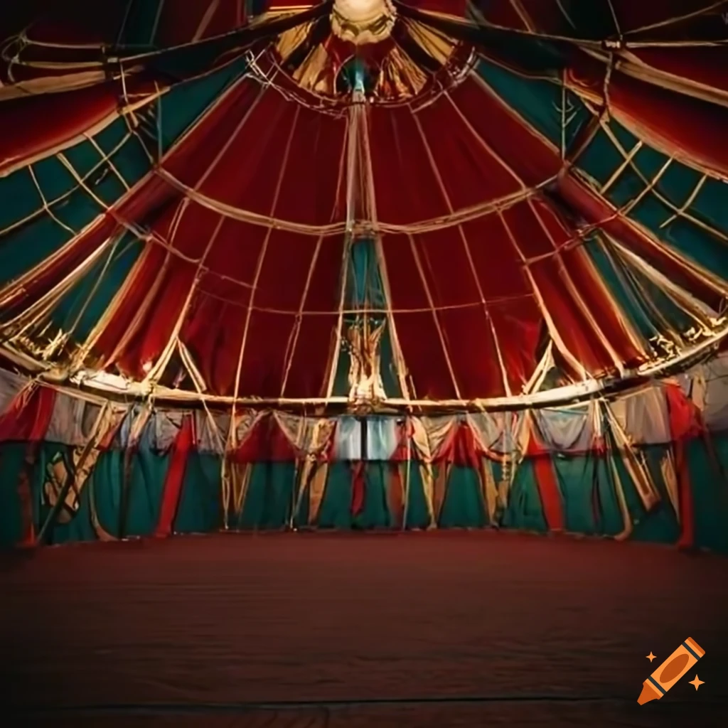 View from inside a circus tent looking up at the ceiling on Craiyon