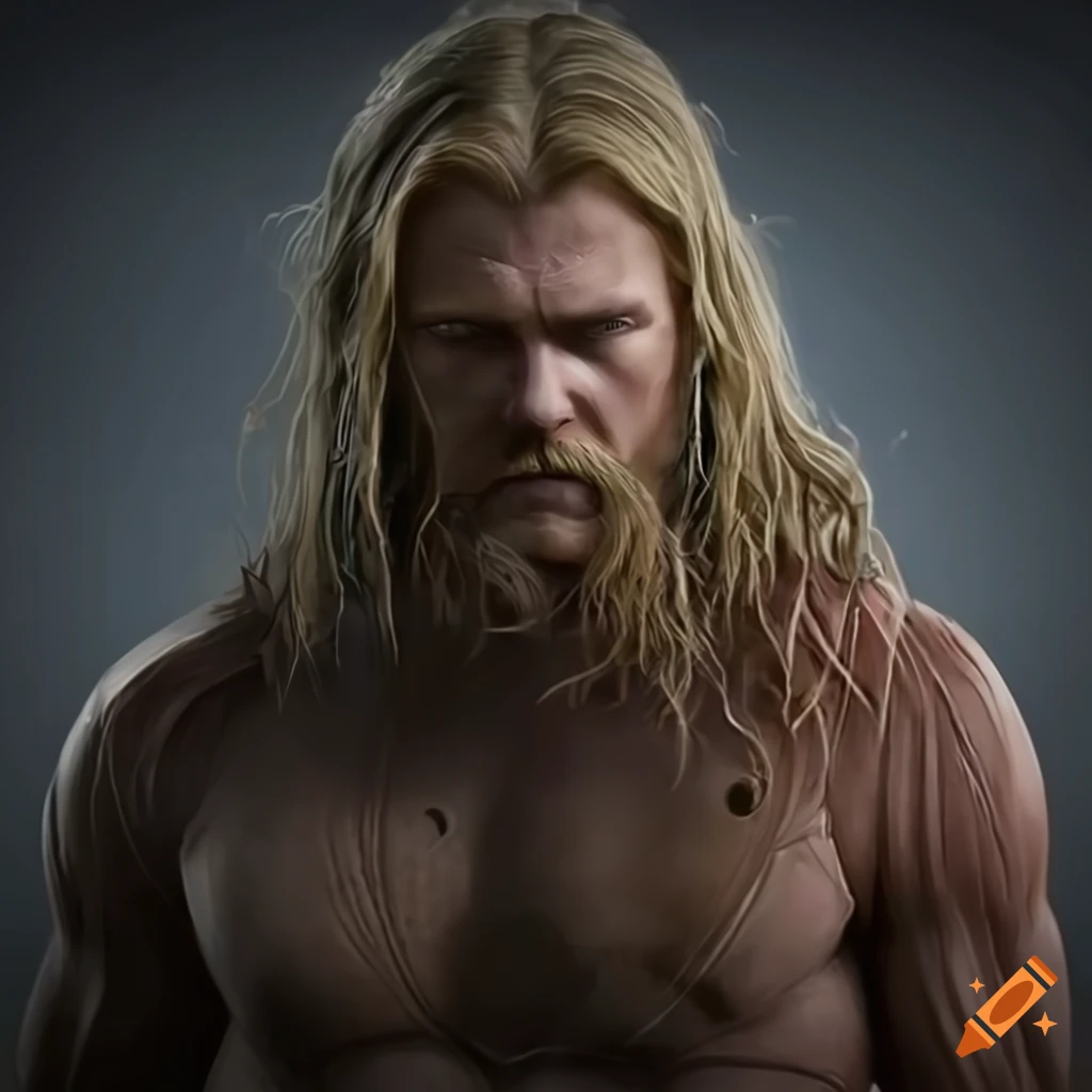 Thor in a post-apocalyptic setting with a realistic vibe on Craiyon