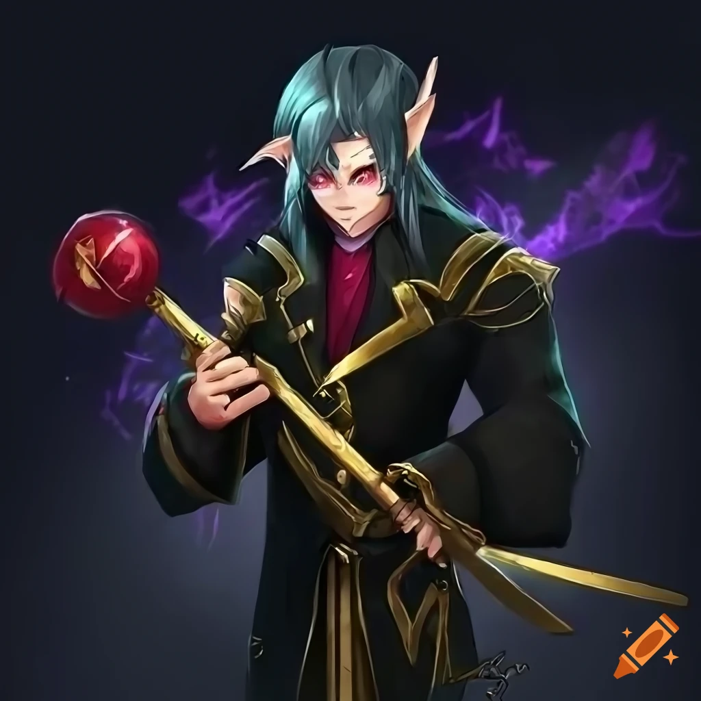 Elf with black and gold attire and a skull-topped staff surrounded by a ...