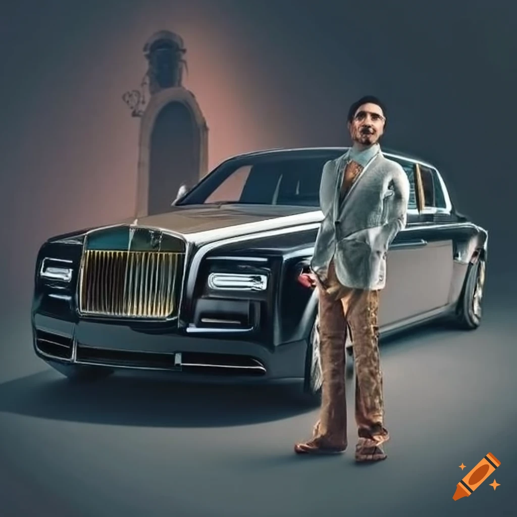Hispanic male with gold chain standing next to a black rolls royce on ...