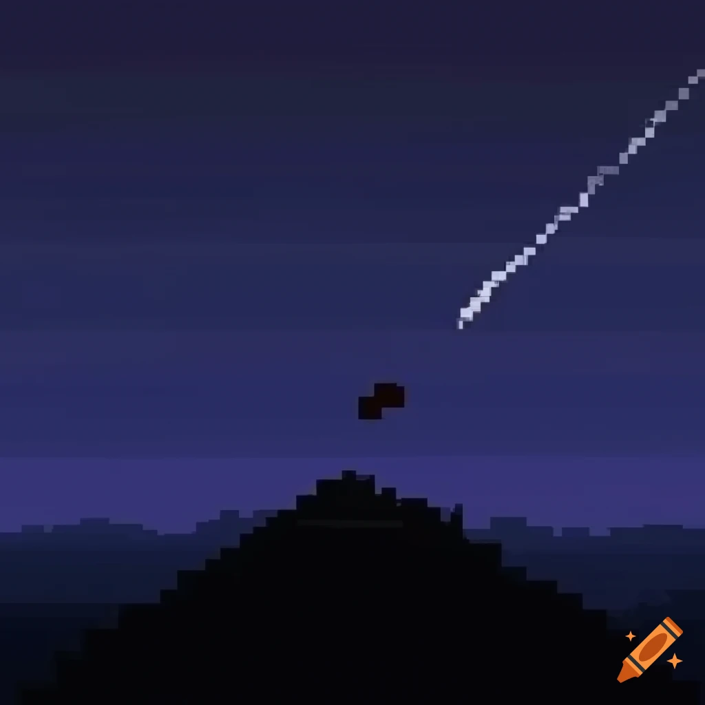 8-bit meteor falling over distant hills and dark sky on Craiyon