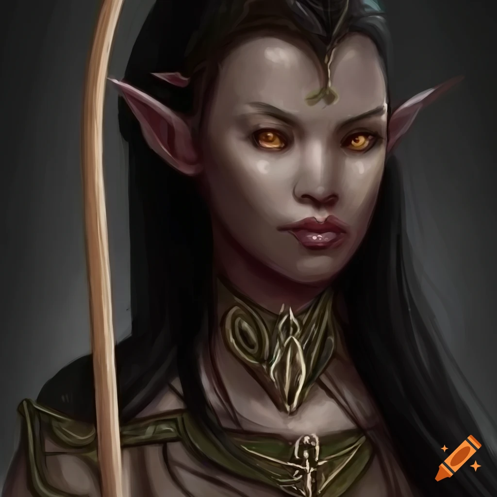 Black female elven warrior princess with a drawn longbow on Craiyon