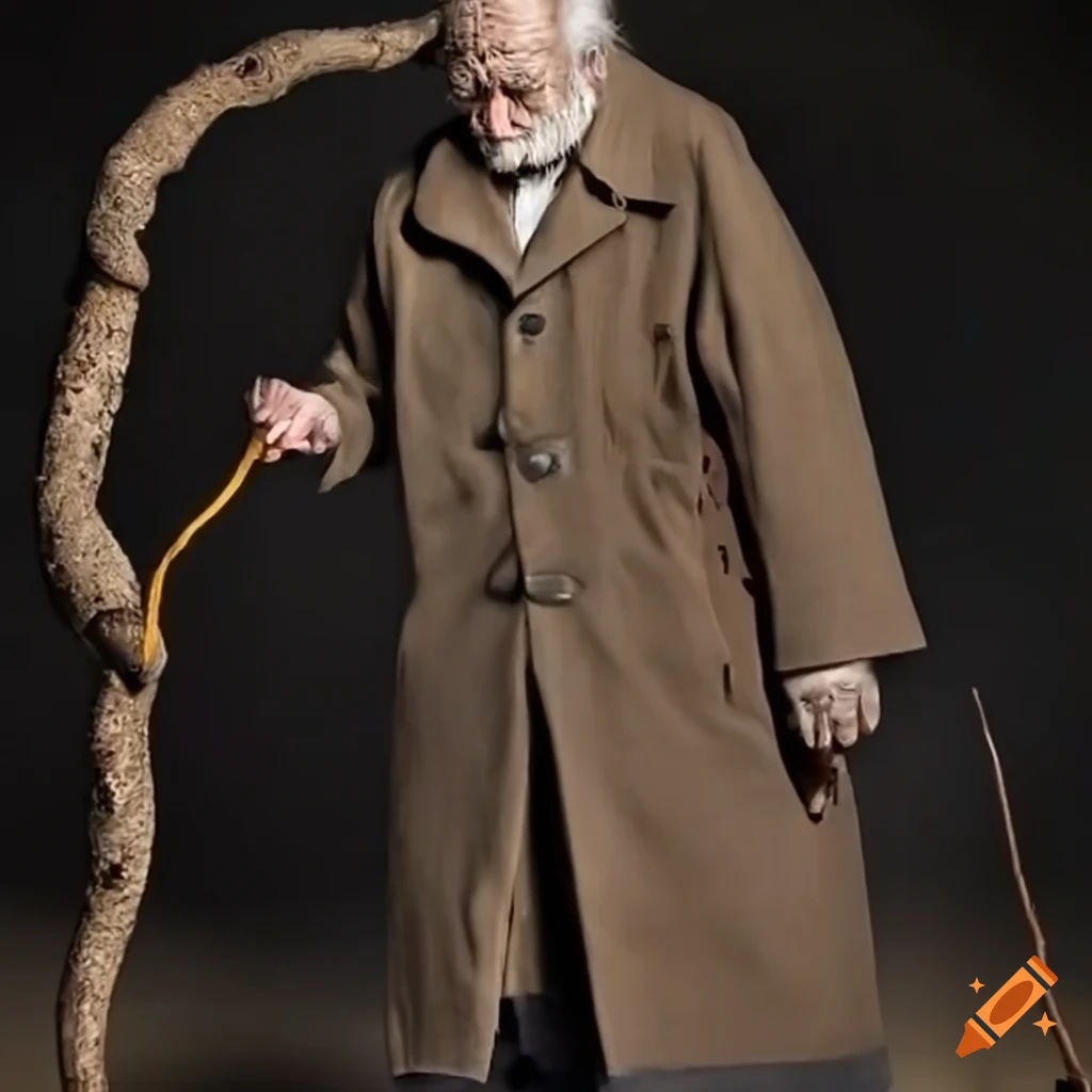 Elderly man in long coat and dirty boots with twisted tree branch cane ...