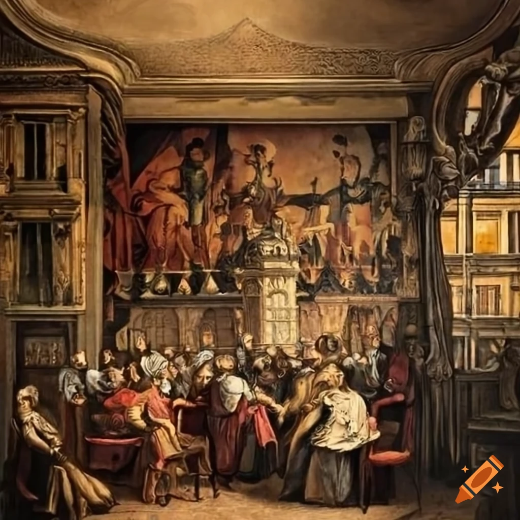 Elaborate mural on the outside of a 1800s parisian tavern on Craiyon