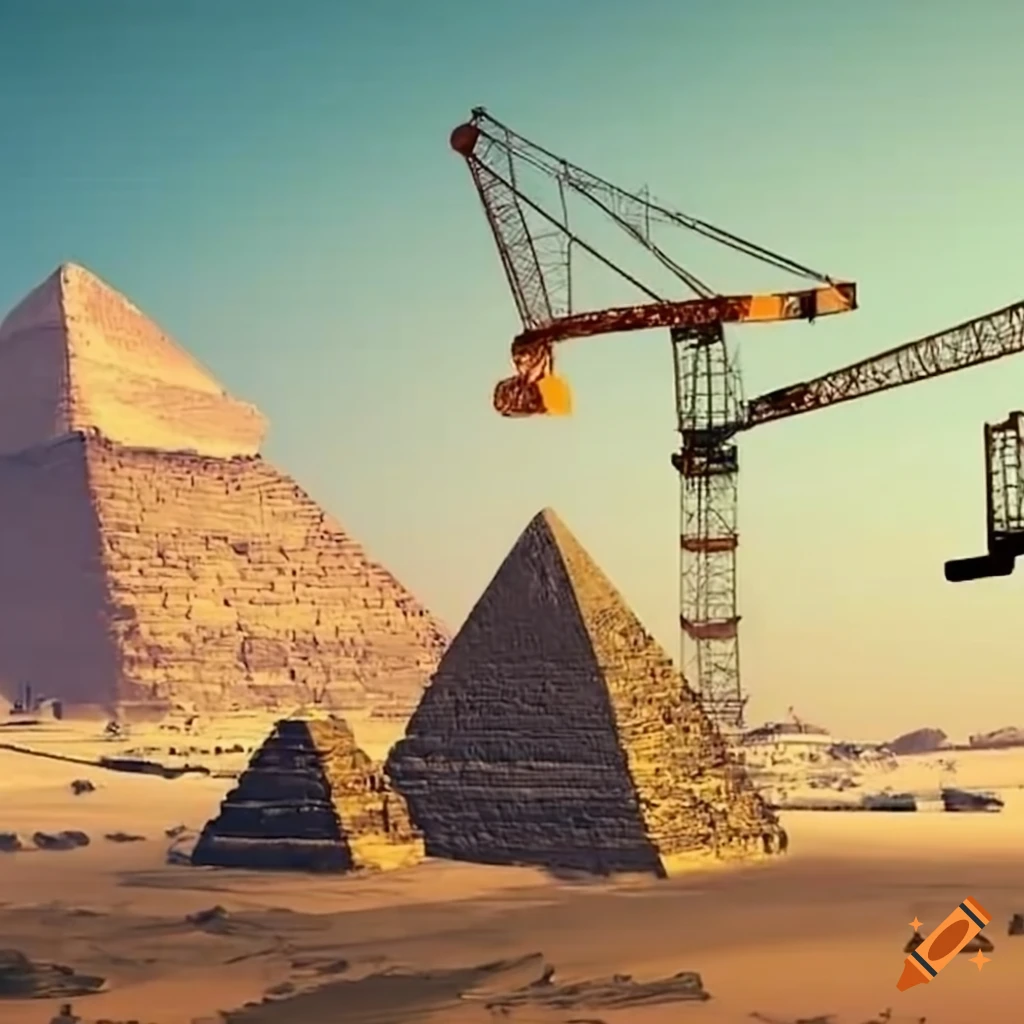 Ancient egyptians constructing pyramids with modern machines on Craiyon