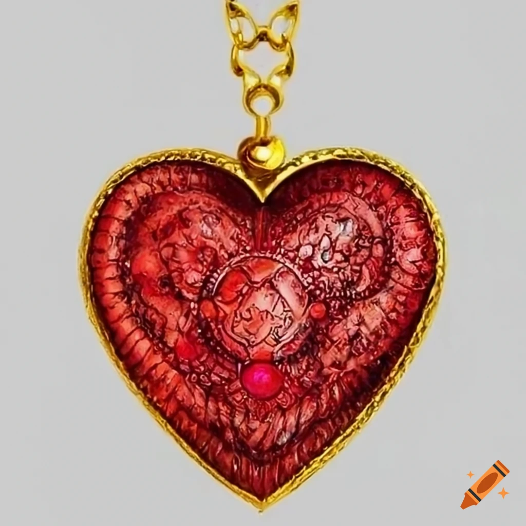Magical red heart-shaped amulet with a gold chain on Craiyon