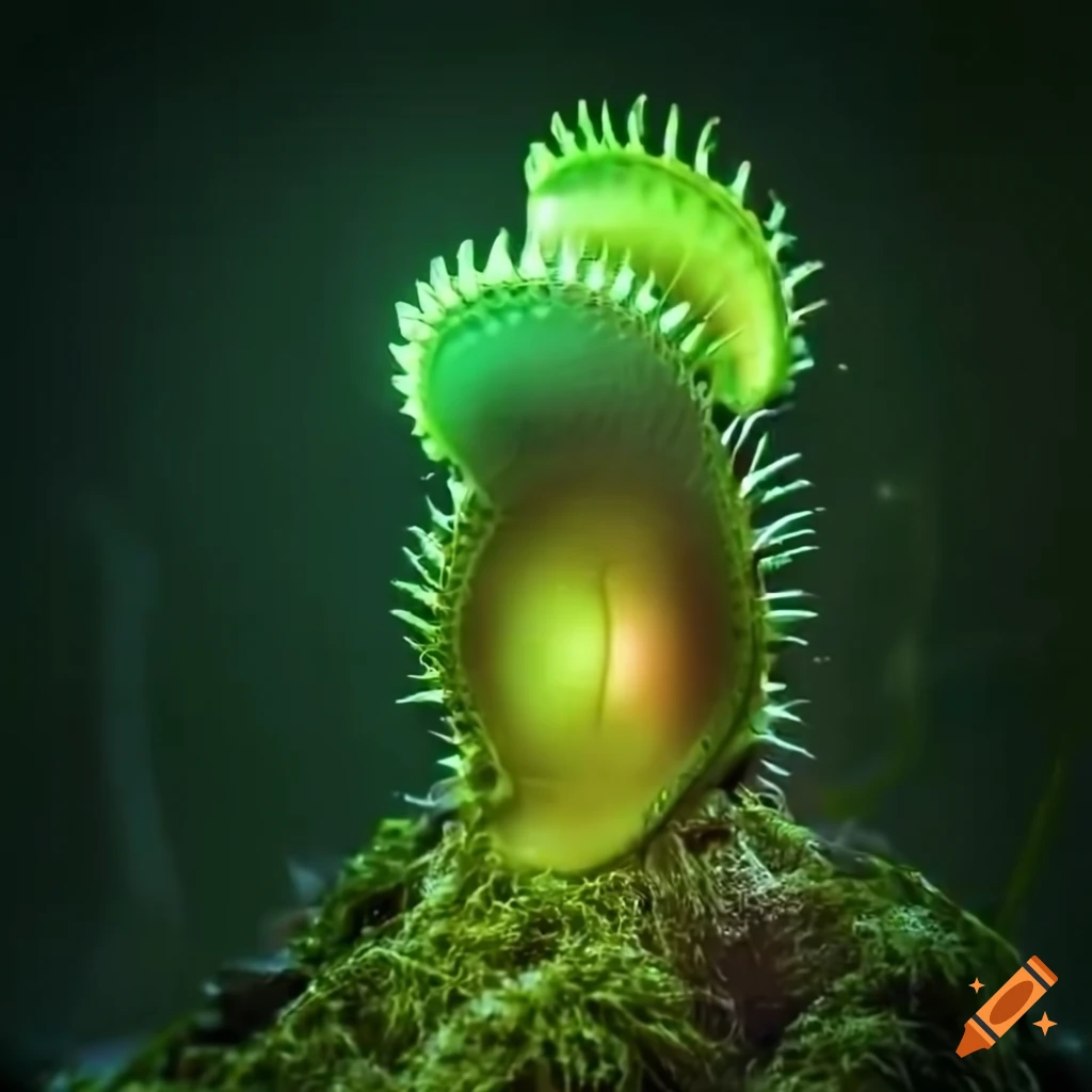 Biopunk Venus flytrap creature in a moss-covered cityscape with cybernetic technology on Craiyon
